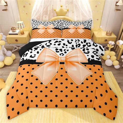Castle Fairy Cartoon Orange Bow Knot Twin Comforter Sets Black Polka