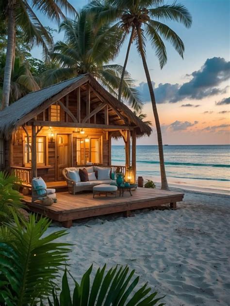 Tiny Wooden Cabin On Beach At Sunset