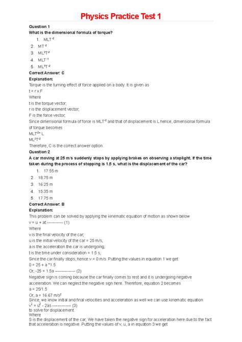 Physics Practice Test It Is Given As T R X F Where T Is The Torque Vector R Is The Studocu