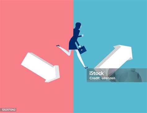 아래 차트에서 성장 차트로 점프하는 여성 비즈니스 도약 개념 결심에 대한 스톡 벡터 아트 및 기타 이미지 결심 경쟁 금융