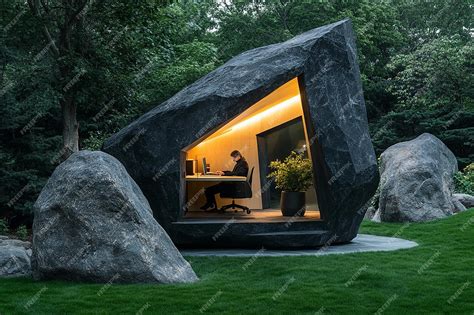 Small Home Office Inside Angular Black Rock Surrounded By Large Rocks Premium Ai Generated Image