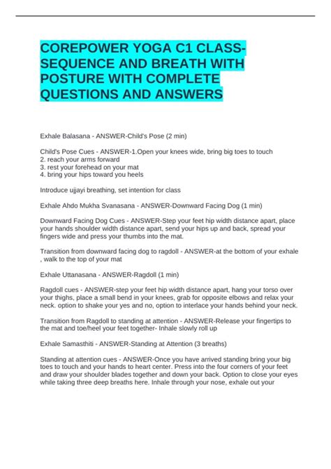 Corepower Yoga C1 Class Sequence And Breath With Posture With Complete Questions And Answers