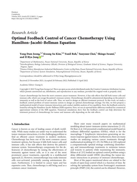 Pdf Optimal Feedback Control Of Cancer Chemotherapy Using Hamiltonjacobibellman Equation