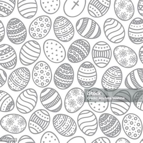 벡터 낙서 부활절 달걀 원활한 패턴 만화 손 은 전통적인 종교 휴일 기호를 그린 귀여운 회색 흰색 배경 디자인배경 0명에 대한