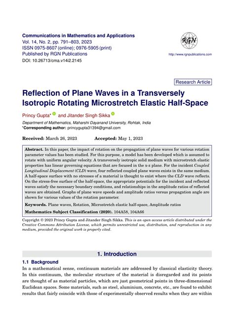 Pdf Reflection Of Plane Waves In A Transversely Isotropic Rotating Microstretch Elastic Half Space