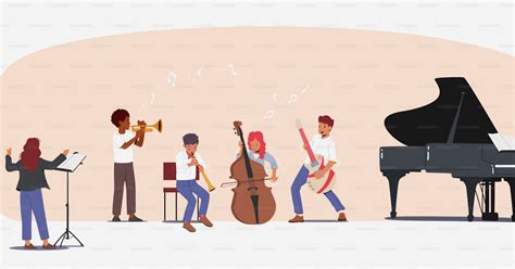음악 학교에서 수업을 받거나 필하모닉 무대에서 공연하는 아이들 트럼펫 더블베이스 바순 일렉트릭 기타 등 다양한 악기를 연주하는 학생들 만화 사람들 벡터
