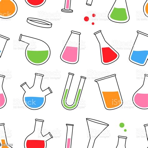 실험실 유리 그릇 패턴입니다 실험실 유리 제품 이음새가 없는 기치 원뿔형 플라스크 유리 비커 유리 제품 눈금이 매겨진 실린더 실험실 유리 제품 배경 0명에 대한 스톡 벡터