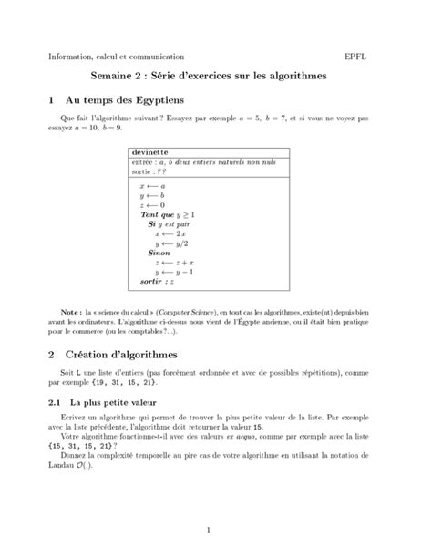 Semaine Série d exercices sur les algorithmes Au temps des