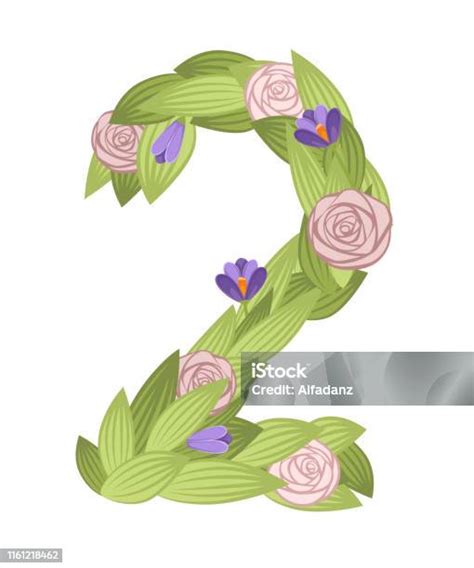 2번 만화 꽃 글꼴 디자인입니다 꽃과 나뭇잎이 있는 2번 흰색 배경에서 격리된 플랫 벡터 그림 0명에 대한 스톡 벡터 아트 및 기타 이미지 Istock