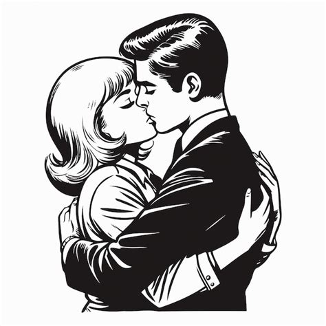 Des Couples Rétro Des Années 60 Sembrassant Simple Minimaliste Ligne