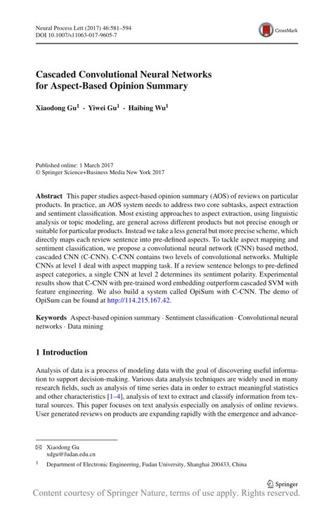 Cascaded Convolutional Neural Networks For Aspect Based Opinion Summary Request PDF