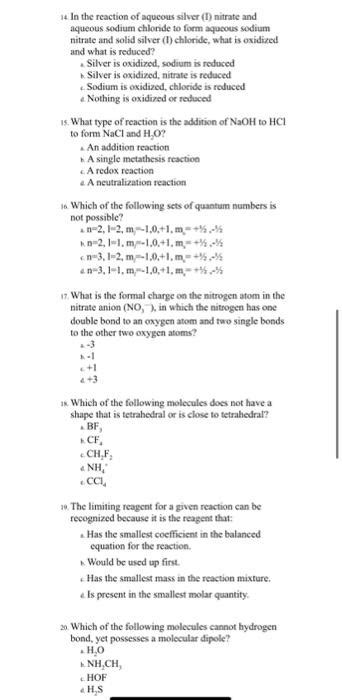 Solved 14 In The Reaction Of Aqueous Silver I Nitrate And