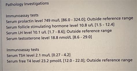 High Prolactin At 750 Mu L Raised Lh Serum Level At 10 1 U L High T4 Levels At 24 Pmol L