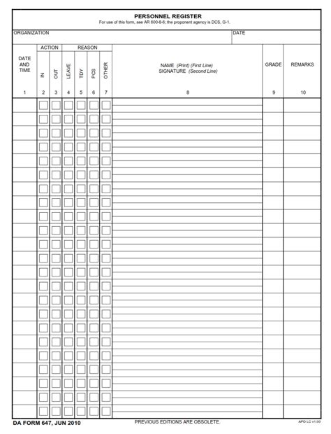 Da Form 647 Personnel Register Free Online Forms