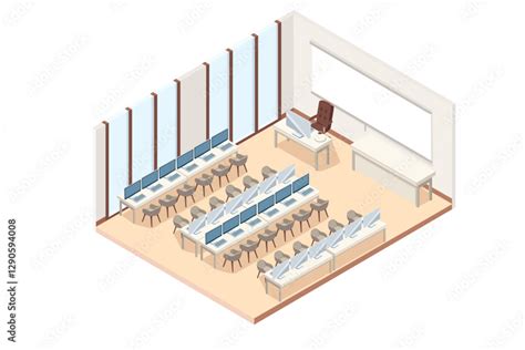 Isometric Computer Classroom With Rows Of Desks Educational It Lab With Multiple Pc