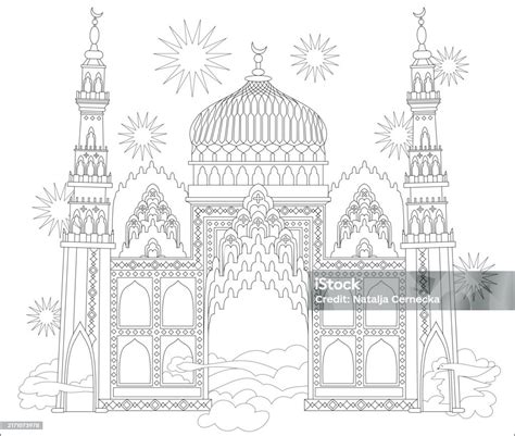 색칠을 위한 흑백 페이지 동화에서 환상적인 아랍 성 어린이와 성인을 위한 워크시트 벡터 이미지입니다 0명에 대한 스톡 벡터 아트