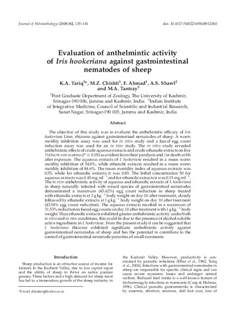 Pdf Evaluation Of Anthelmintic Activity Of Iris Hookeriana Against Gastrointestinal Nematodes