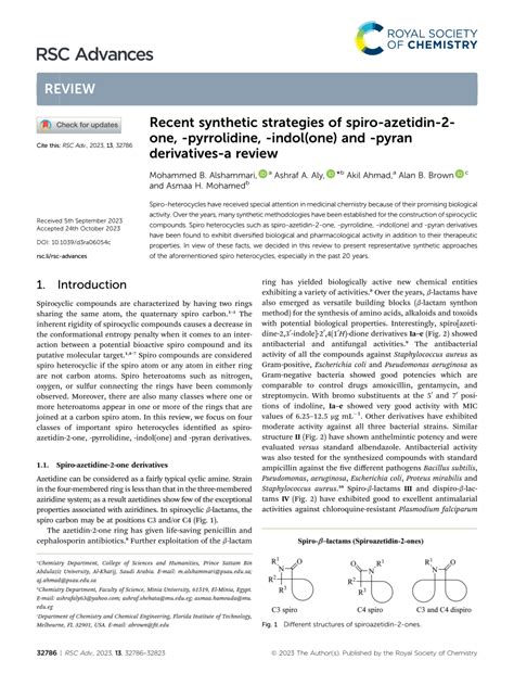Pdf Recent Synthetic Strategies Of Spiro Azetidin 2 One Pyrrolidine Indolone And Pyran