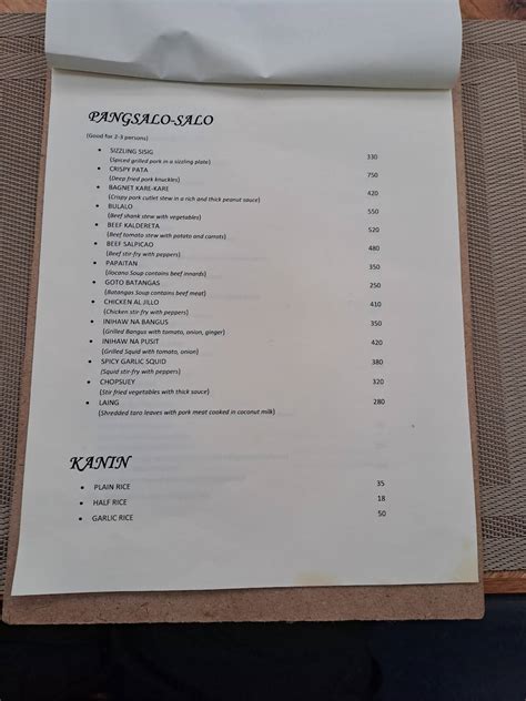 Menu At Timusan Restaurant Lipa