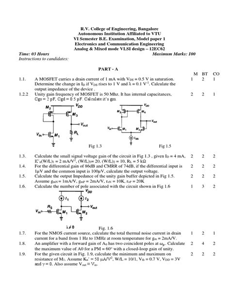 Analog And Mixed Mode Vlsi Design Exam Questions Covering Mosfet Characteristics Op Amp Design