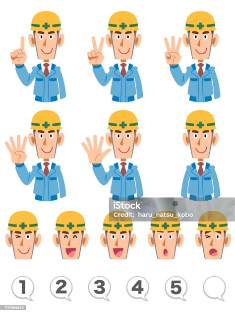 손가락으로 숫자를 계산 하는 파란 작업복을 입은 건물 노동자의 상체 표정과 숫자 세트 건설 현장에 대한 스톡 벡터 아트 및 기타 이미지 건설 현장 직업 개체 그룹