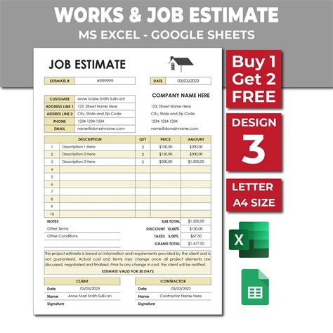 Job Estimate Template Excel Editable Spreadsheet Google Sheets Construction Bid Form