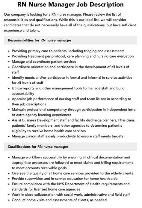 Rn Nurse Manager Job Description Velvet Jobs