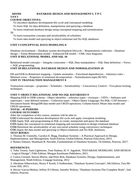 Ad3391 Database Design And Management L T P C Pdf Databases