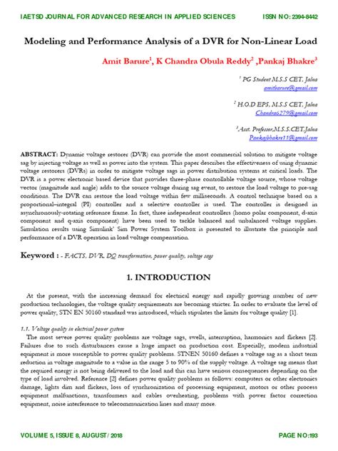 modeling and performance analysis of a dvr for non linear load pdf