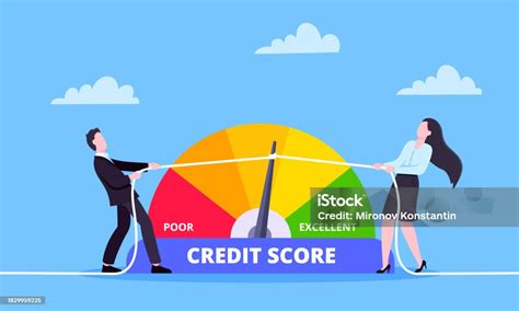 Man And Woman Pushes Credit Score Arrow Gauge Speedometer Indicator