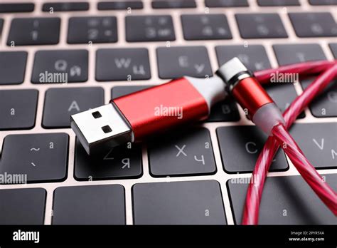 Usb Cable With Type C Connector On Laptop Keyboard Closeup Stock Photo Alamy