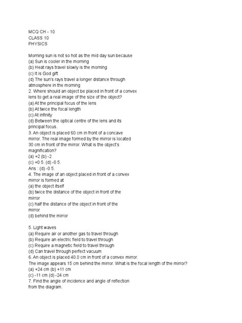 Mcq Class 10 Light Pdf Mirror Optics
