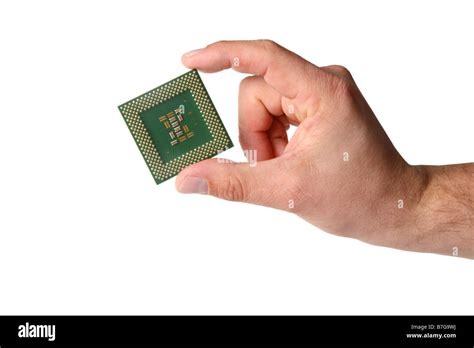 Hand Holds Computer Cpu Processor Chip Cut Out On White Background