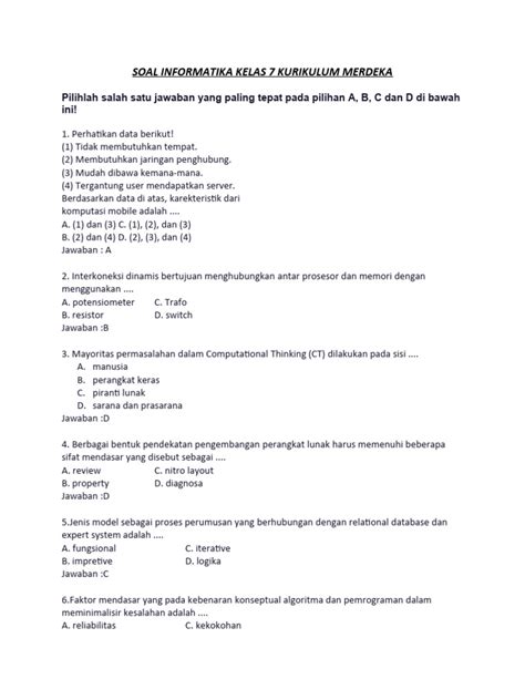 soal informatika kelas 7 kurikulum merdeka pdf