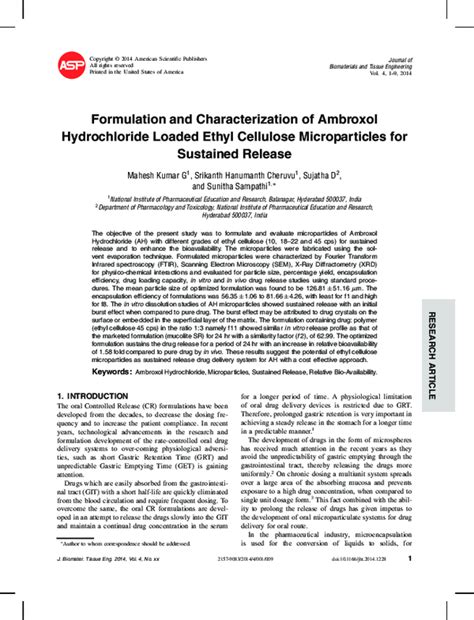 Formulation And Characterization Of Ambroxol Hydrochloride Loaded Ethyl