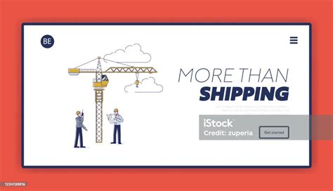 건설 개념입니다 웹 사이트 방문 페이지 새로운 건물 프로젝트에 대해 논의하는 엔지니어 및 계약자 포먼 컨트롤 타워 크레인 작업 웹 페이지 만화 선형 윤곽선 플랫 스타일입니다