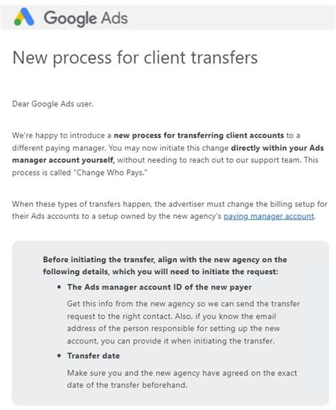 Change Who Pays: New Google Ads process for client account transfers
