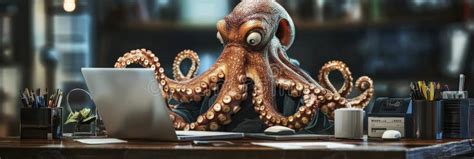 Octopus Using Laptop At Office Desk In Creative Scene Stock