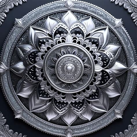 Floral Mandala With Glitter In Grey Hues Against Dark Background