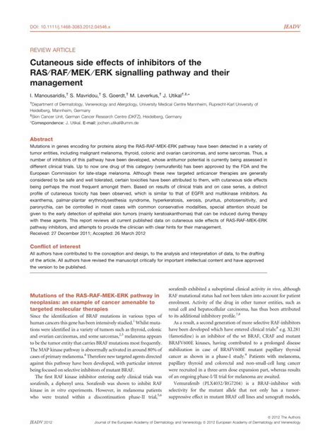 Pdf Cutaneous Side Effects Of Inhibitors Of The Rasrafmekerk Signalling Pathway And Their