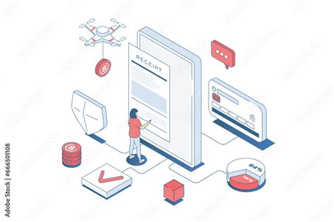 Electronic Receipt Concept In 3d Isometric Design Woman Pays Digital