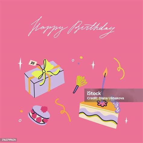 케이크 조각 촛불 선물 마카롱이 들어있는 생일 축하 카드 손으로 쓴 타이포그라시를 가진 인사말 카드 생생하고 트렌디 한 벡터 일러스트 레이 션 템플릿 In Simple