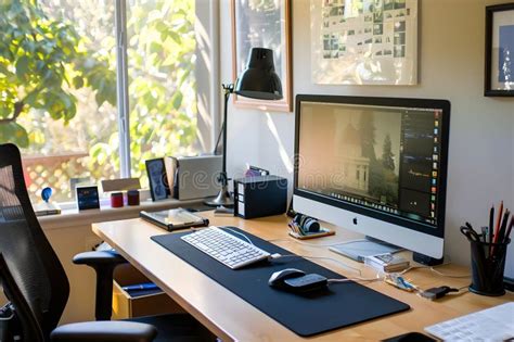Sunlight Illuminates A Productive Workspace Featuring A Modern Desk Setup With Computer