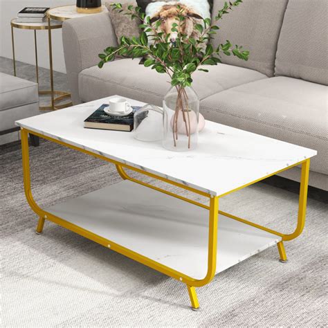 2 Tier Faux Marble Top Rectangular Coffee Table With Metal Frame Costway