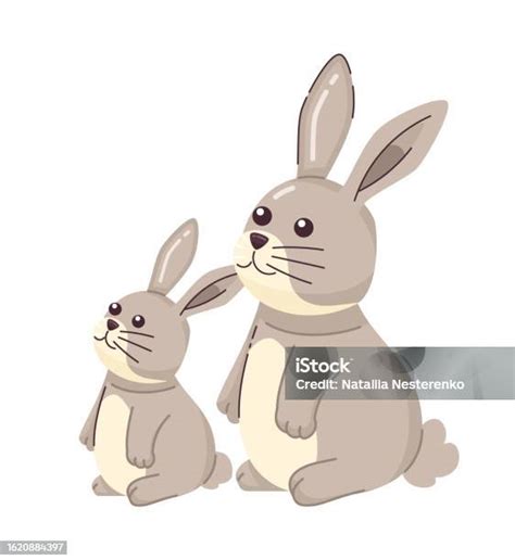 두 마리의 토끼가 앉아서 세미 플랫 컬러 벡터 캐릭터를 올려다보고 있다 2차 도형에 대한 스톡 벡터 아트 및 기타 이미지 2차 도형 가축 귀 부분 Istock