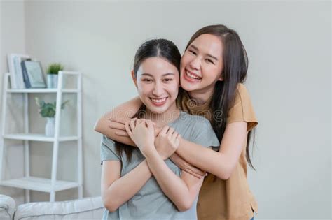 Happy Asian Girl Couple Cheerful Homosexual Couple Hugging Each Other