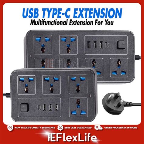 Power Socket Extension Plug With Usb Port Usb Type C Universal Malaysia 3 Pin Plug Wayar 3 4 5