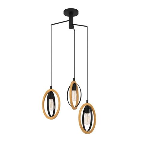 Eglo Basildon Metal Timber Rings 3 Light Cluster Pendant Light Black Natural Jd Lighting
