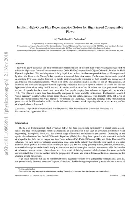 Pdf Implicit High Order Flux Reconstruction Solver For High Speed