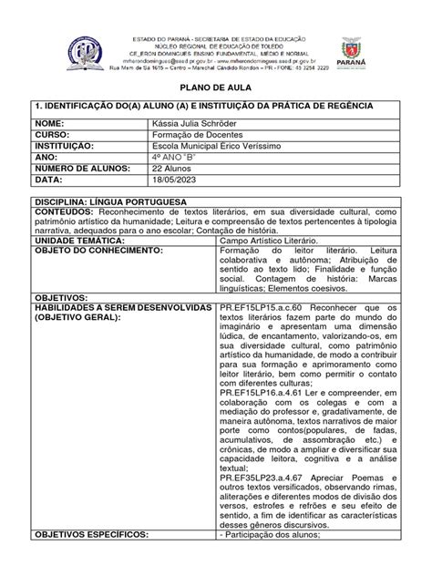 Plano De Aula Língua Portuguesa Pdf Ficção Geral